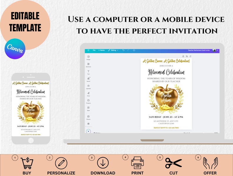 Gold Teacher Retirement Invitation: Editable Party Invite (digital ...