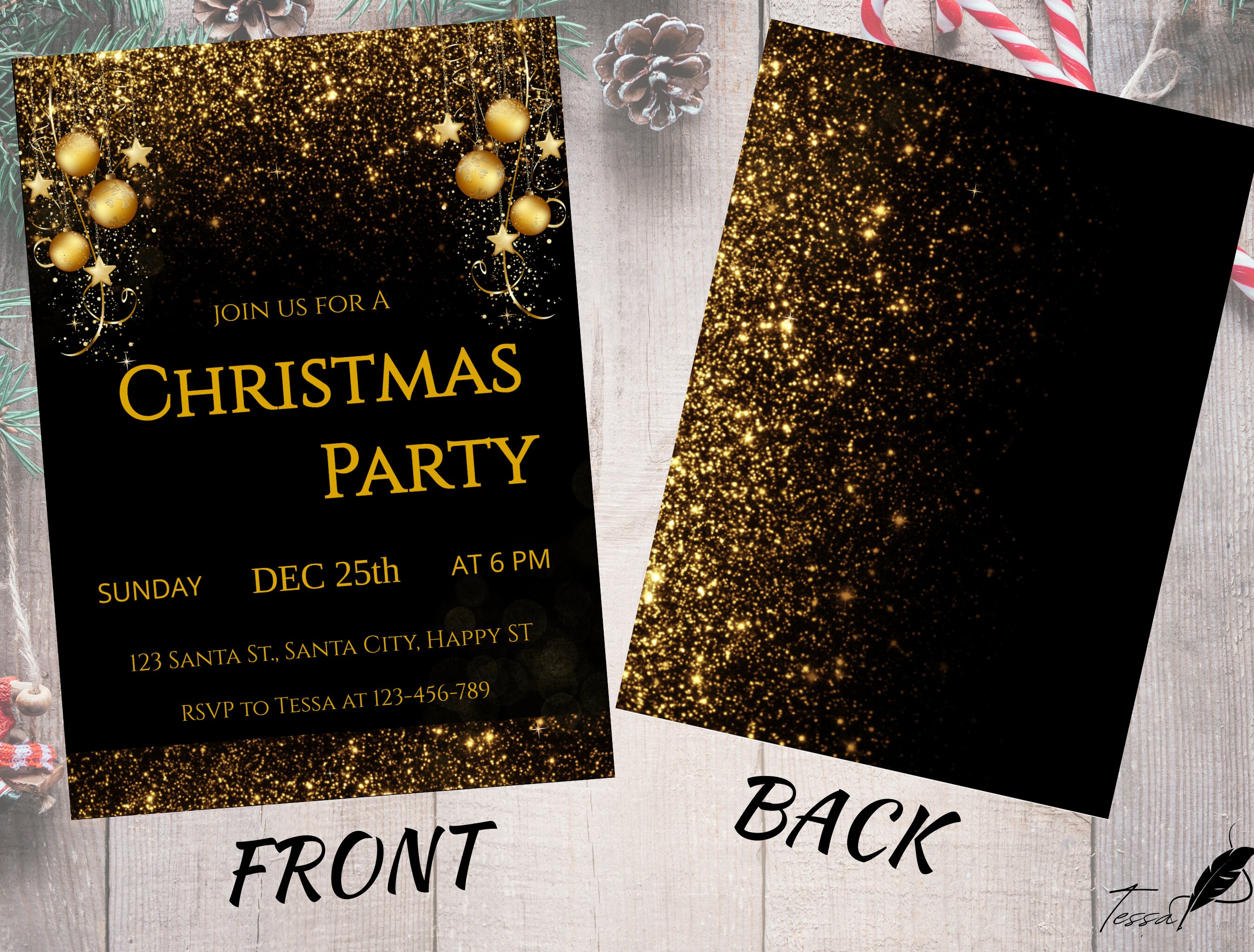 Editable Christmas Party Invitation Black Gold Christmas Invite Elegant ...