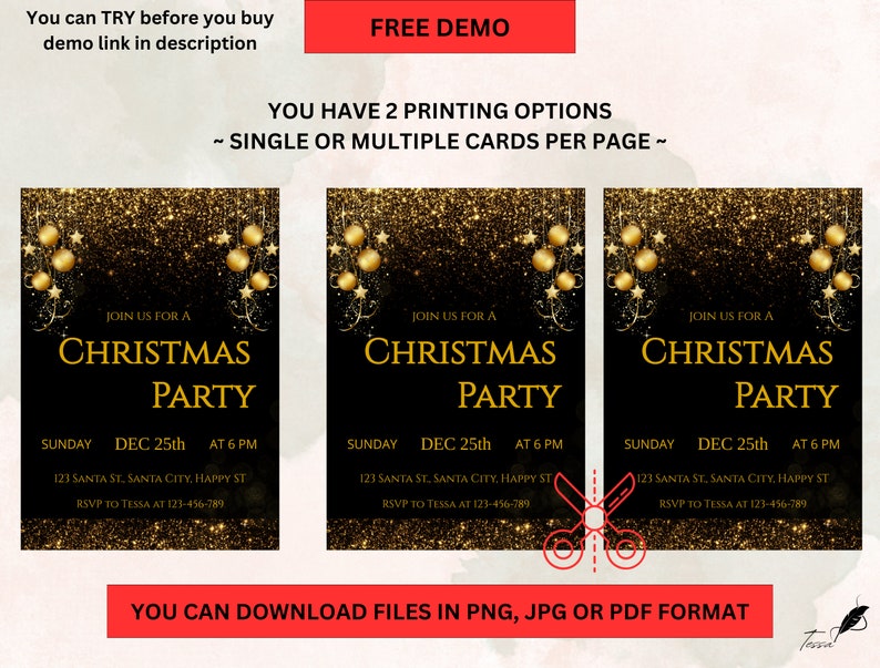 Editable Christmas Party Invitation Black Gold Christmas Invite Elegant ...