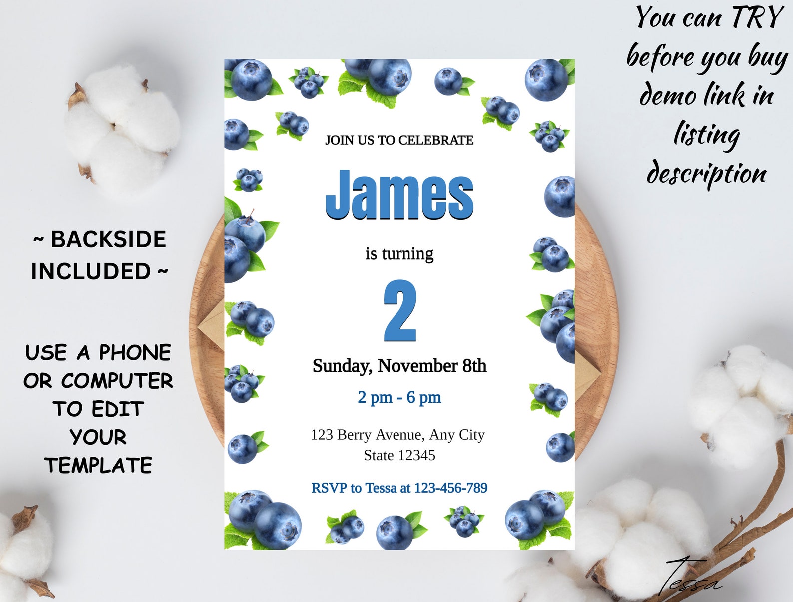 Editable Blueberry Birthday Invitation Berry Birthday Invite - Etsy
