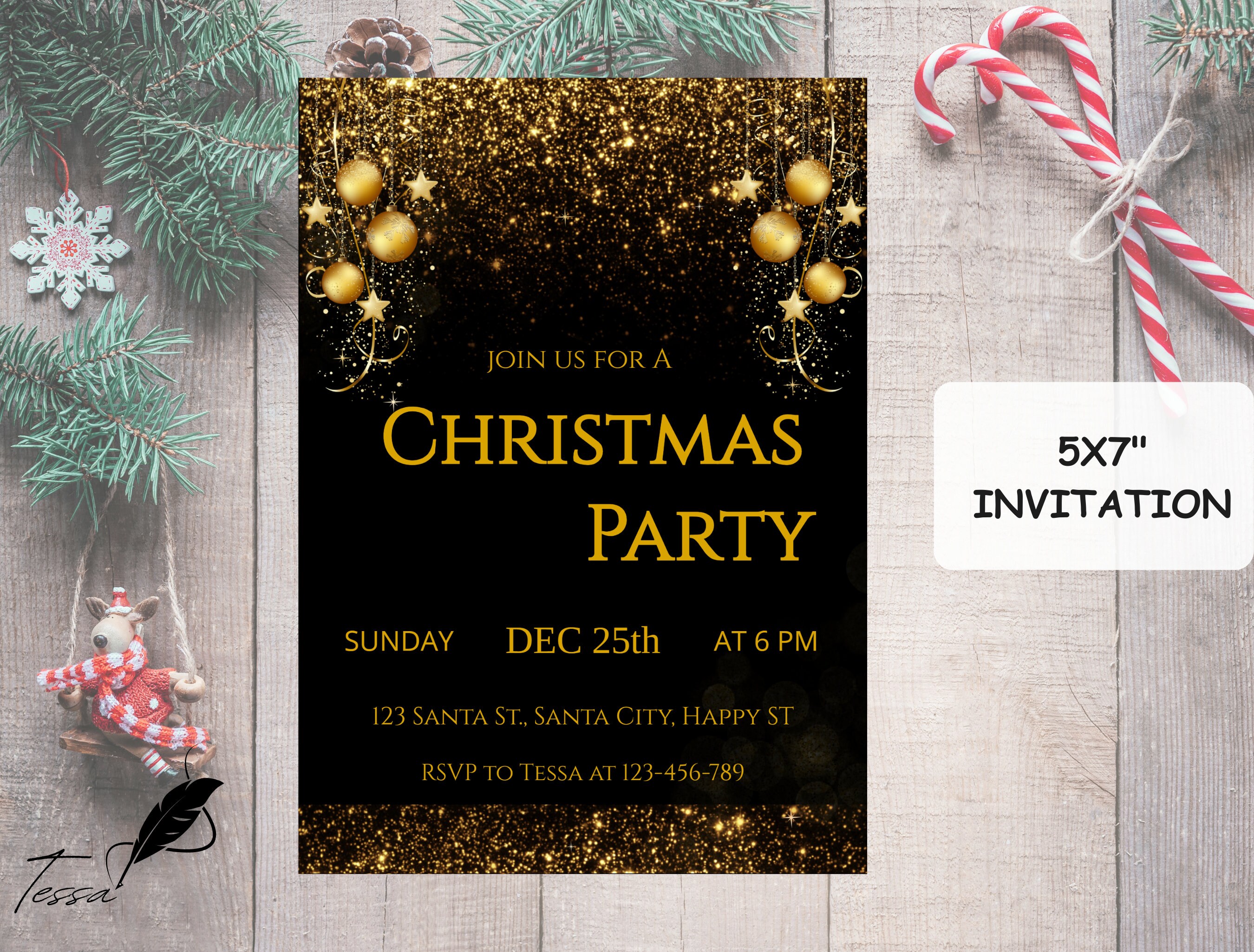 Editable Christmas Party Invitation Black Gold Christmas Invite Elegant ...