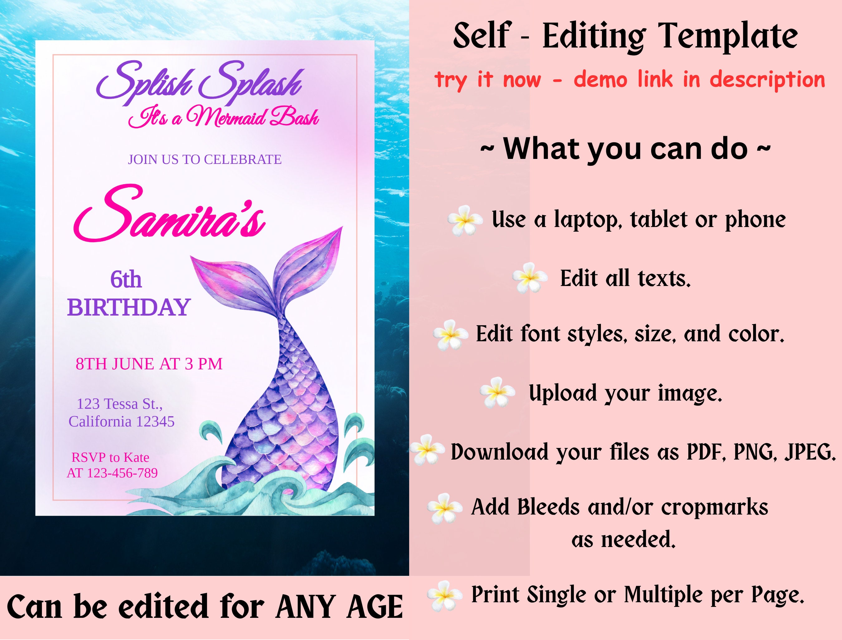 Editable Mermaid Birthday Invitation Mermaid Invitation - Etsy