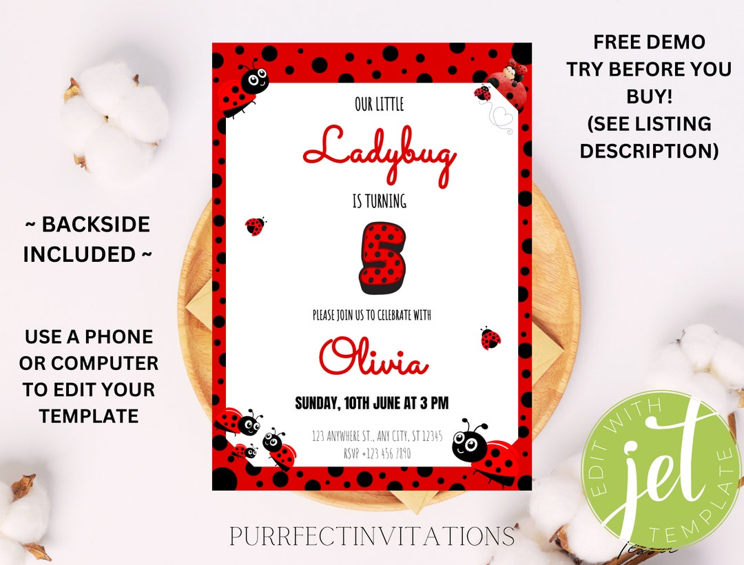 Editable 5th Ladybug Birthday Invitation, Ladybug Invitation, Fifth ...