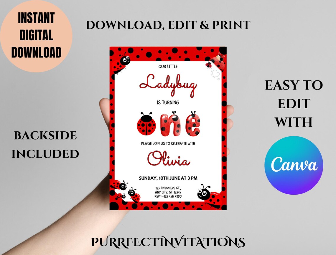 Editable Ladybug 1st Birthday Invitation: Printable Party Invite ...