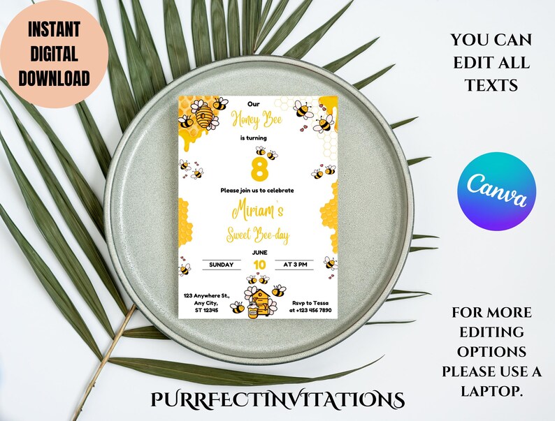 Canva Editable Bee Birthday Invitation, Bee Birthday Invite, Honey Bee ...