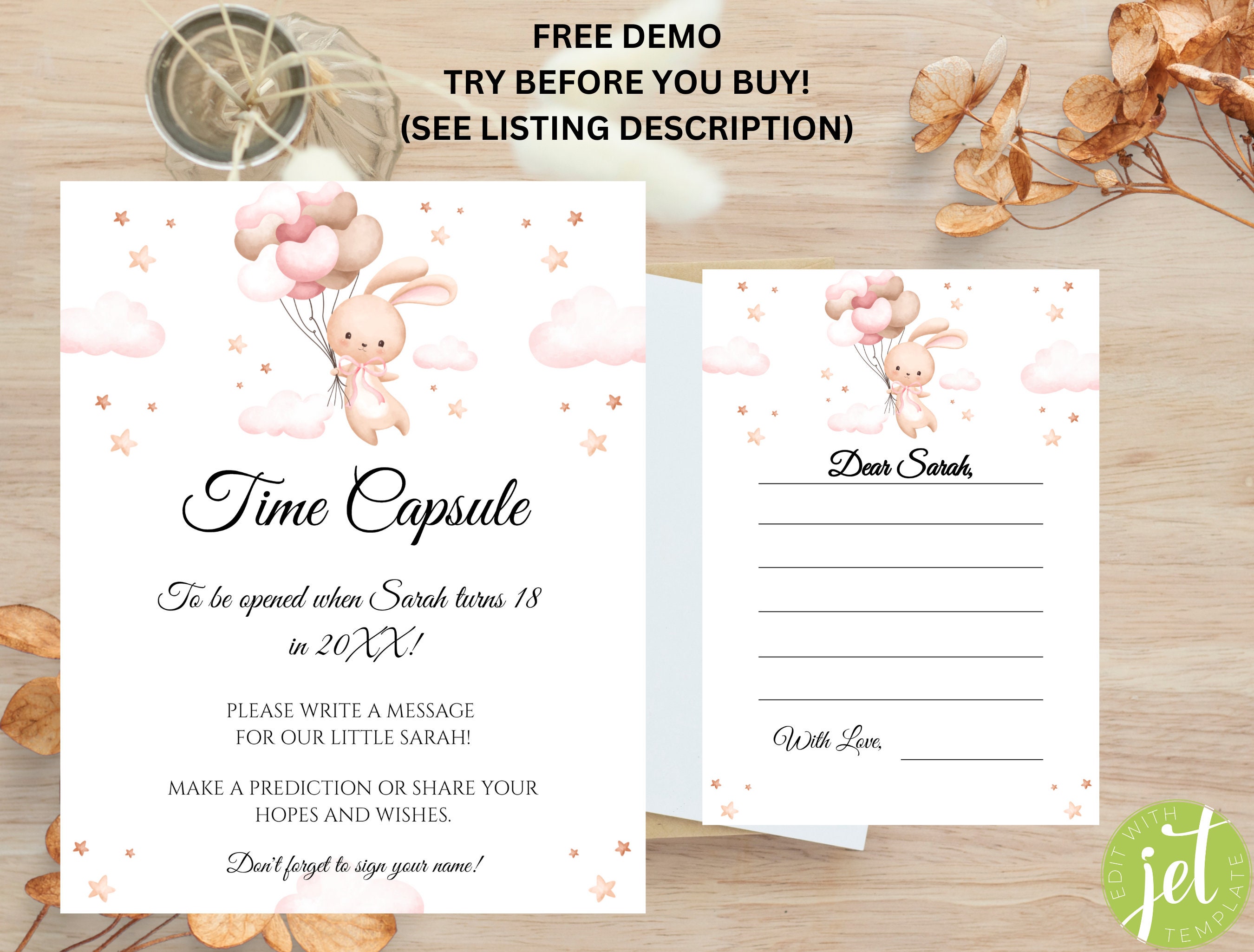 Editable Pink Bunny Time Capsule, Cute Bunny First Birthday Party ...