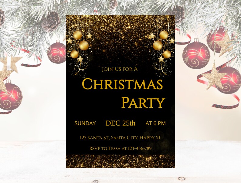 Editable Christmas Party Invitation Black Gold Christmas Invite Elegant ...