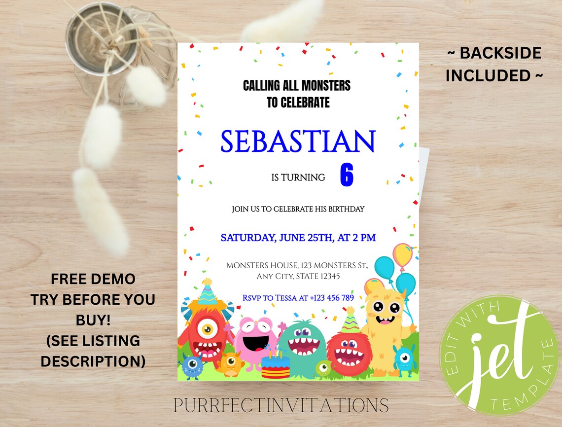 EDITABLE Cute Monsters Birthday Invitation, Monster Birthday Party ...
