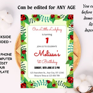 Editable Ladybug Birthday Invitation, Ladybug 1st Birthday Invitation ...