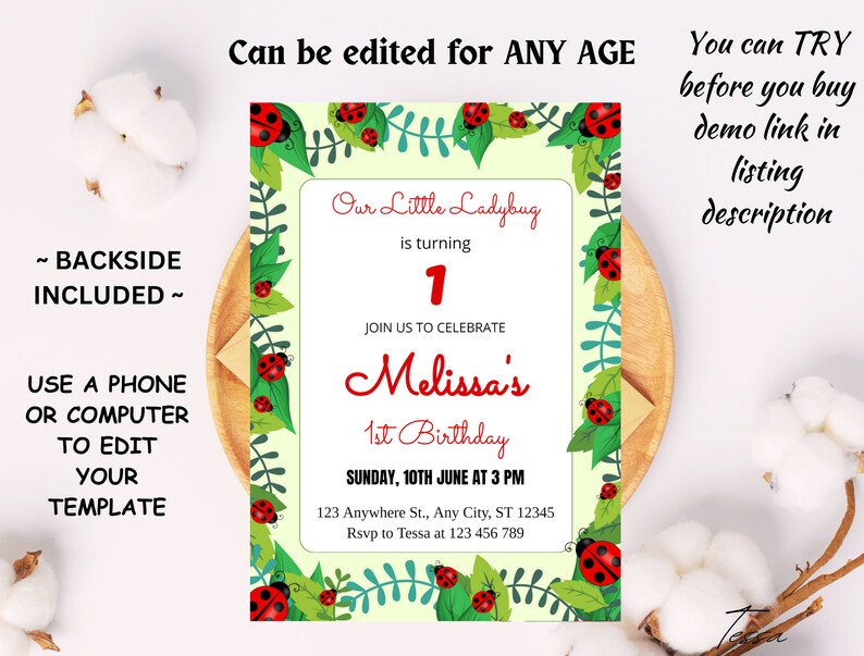 Editable Ladybug Birthday Invitation, Ladybug 1st Birthday Invitation ...