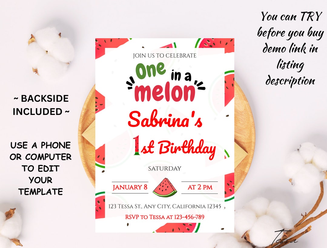 Editable Watermelon Invitation Birthday Invitations Red Watermelon ...