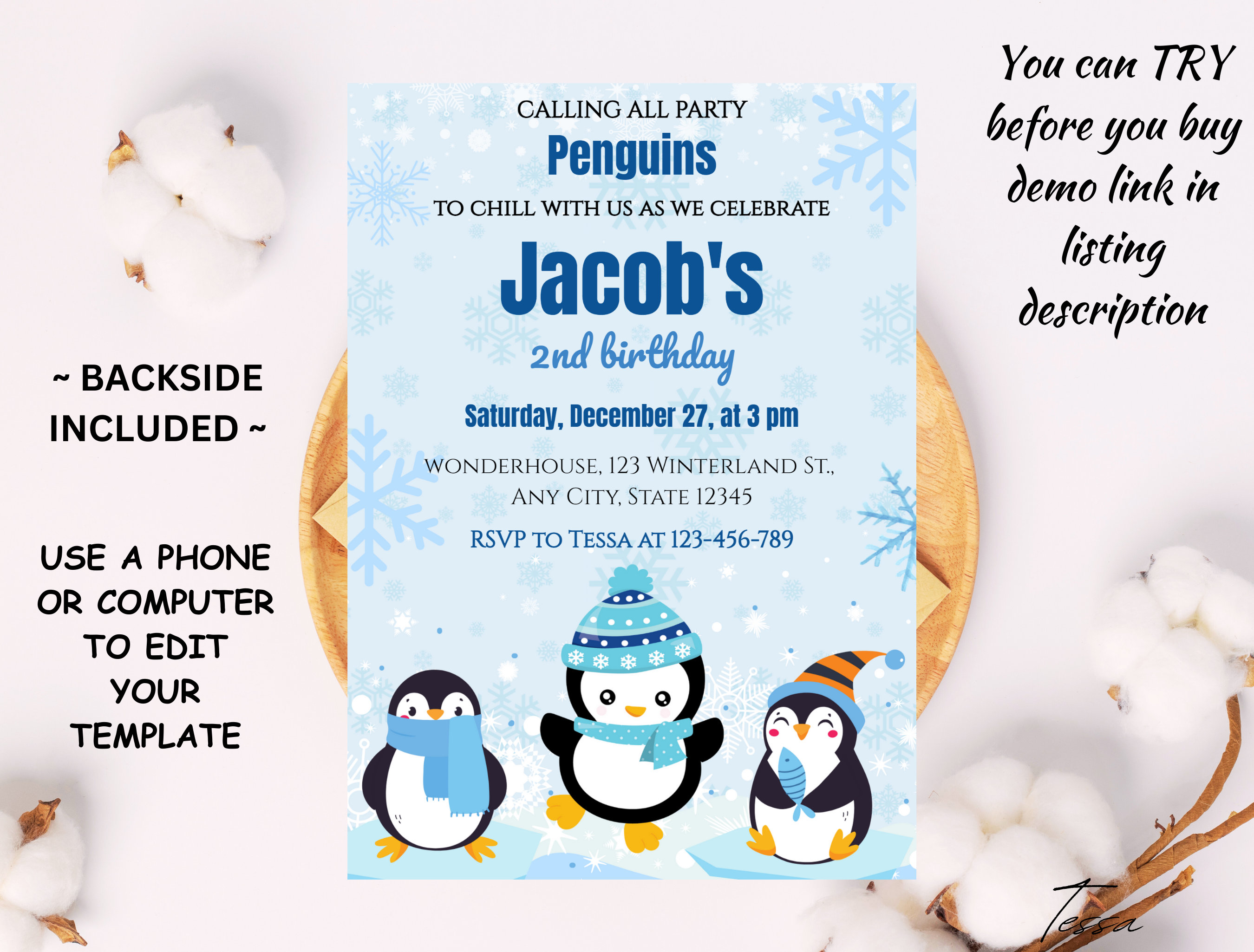 Editable Winter Birthday Invitation, Penguins Birthday Invitation, ANY ...
