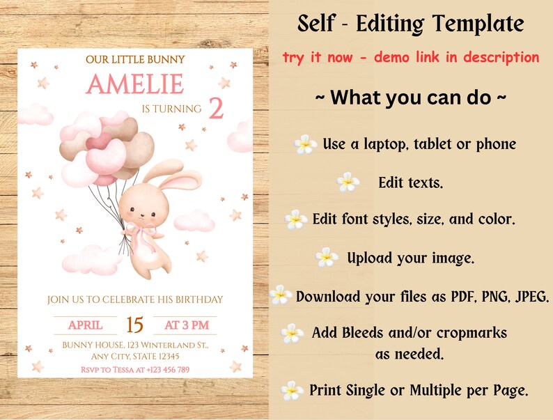 Editable ANY AGE Bunny Birthday Invitation Cute Bunny Birthday Invite ...