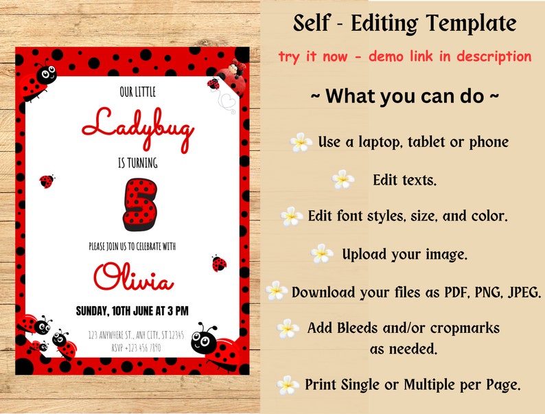 Editable 5th Ladybug Birthday Invitation, Ladybug Invitation, Fifth ...