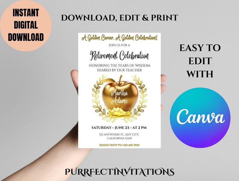 Gold Teacher Retirement Invitation: Editable Party Invite (digital ...