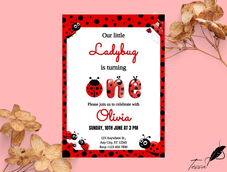Editable Ladybug 1st Birthday Invitation, Ladybug Invitation, Birthday ...