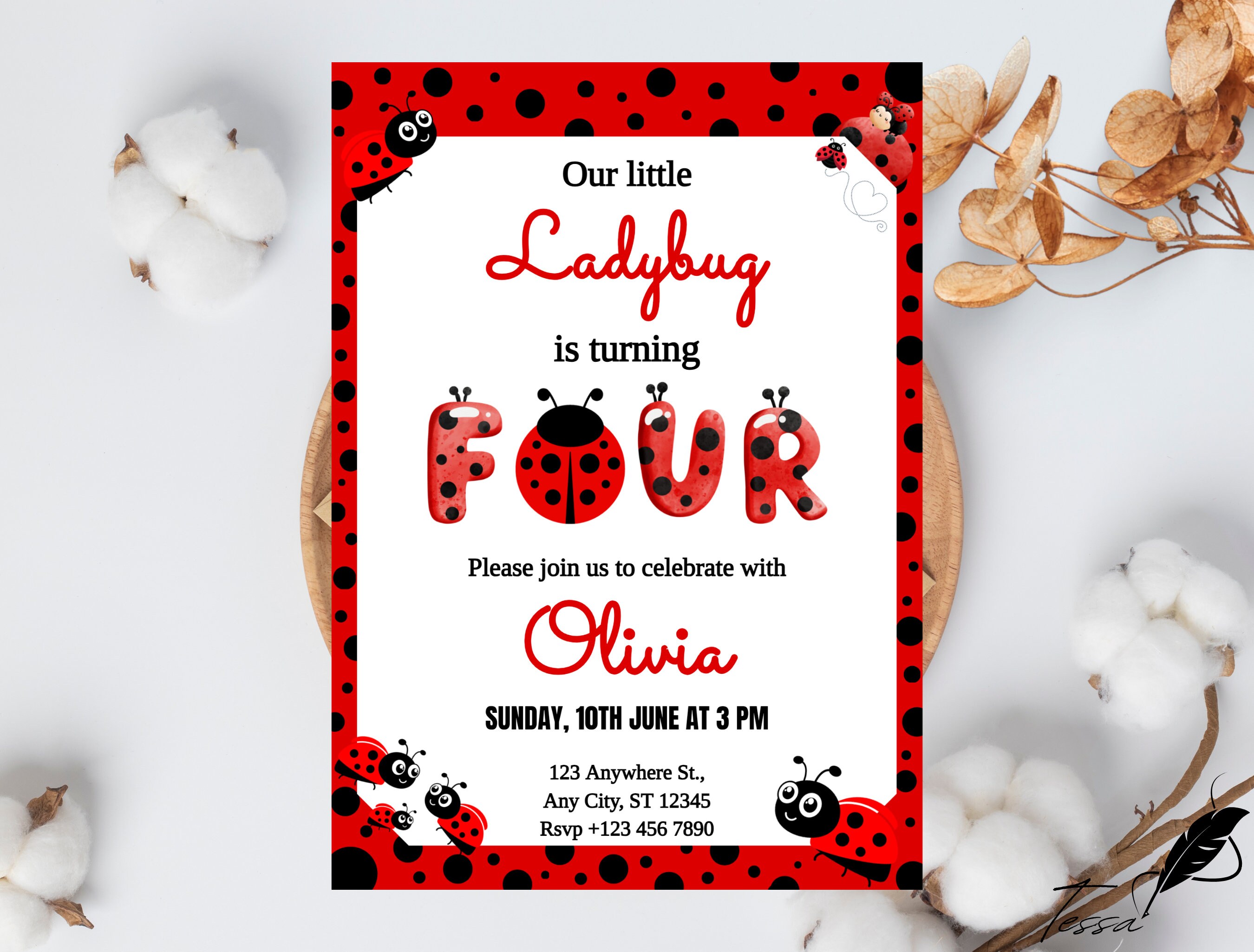 Editable 4th Ladybug Birthday Invitation, Fourth Ladybug Invitation ...