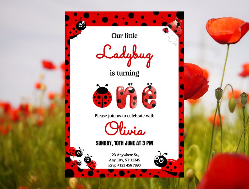 Editable Ladybug 1st Birthday Invitation, Ladybug Invitation, Birthday ...