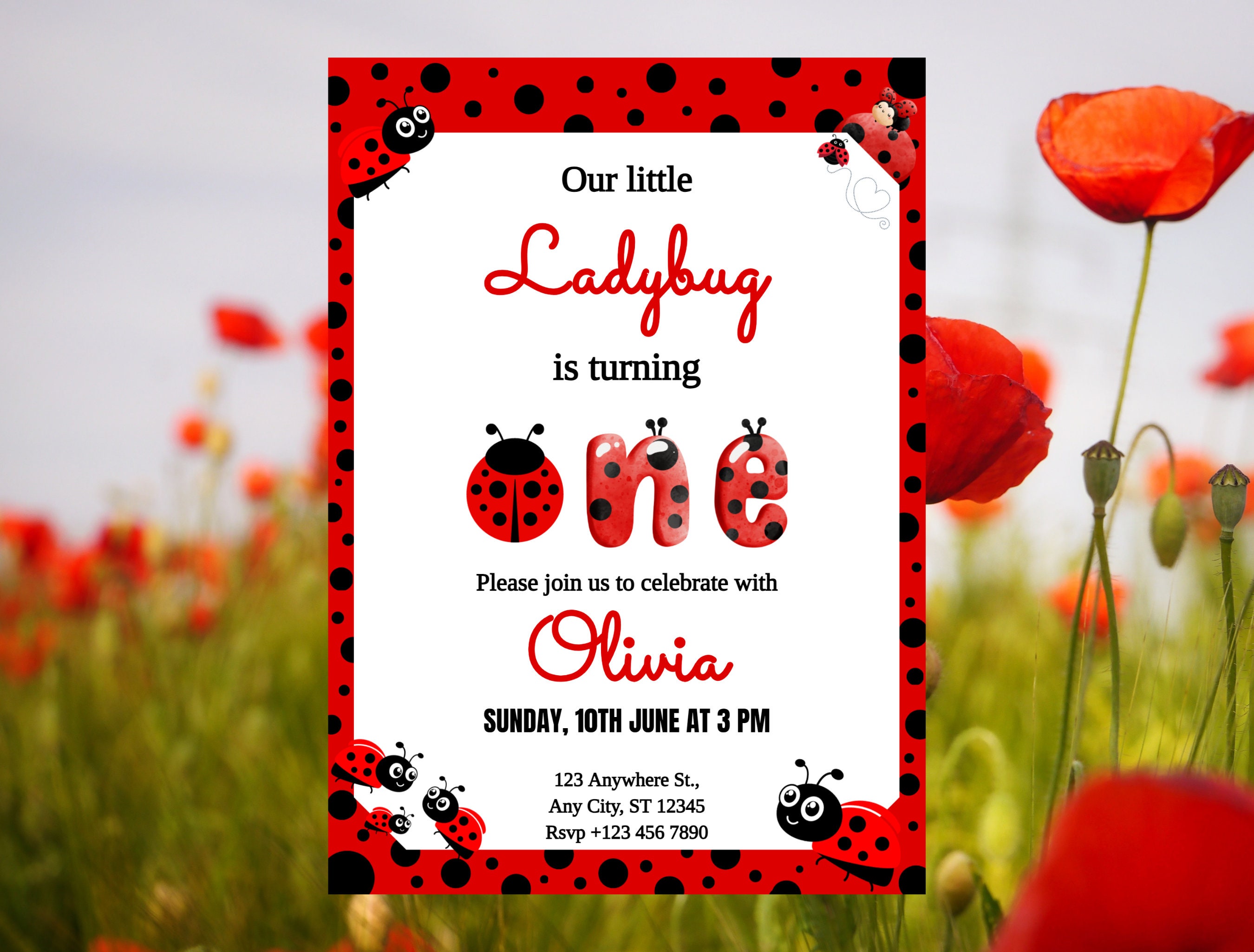 Editable Ladybug 1st Birthday Invitation, Ladybug Invitation, Birthday ...