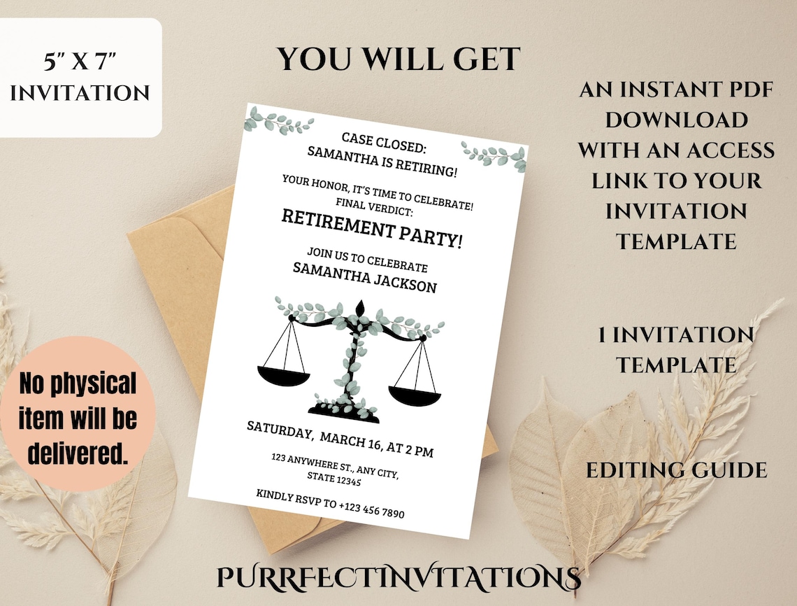 Elegant Judge Retirement Invitation Template: Scales of Justice ...