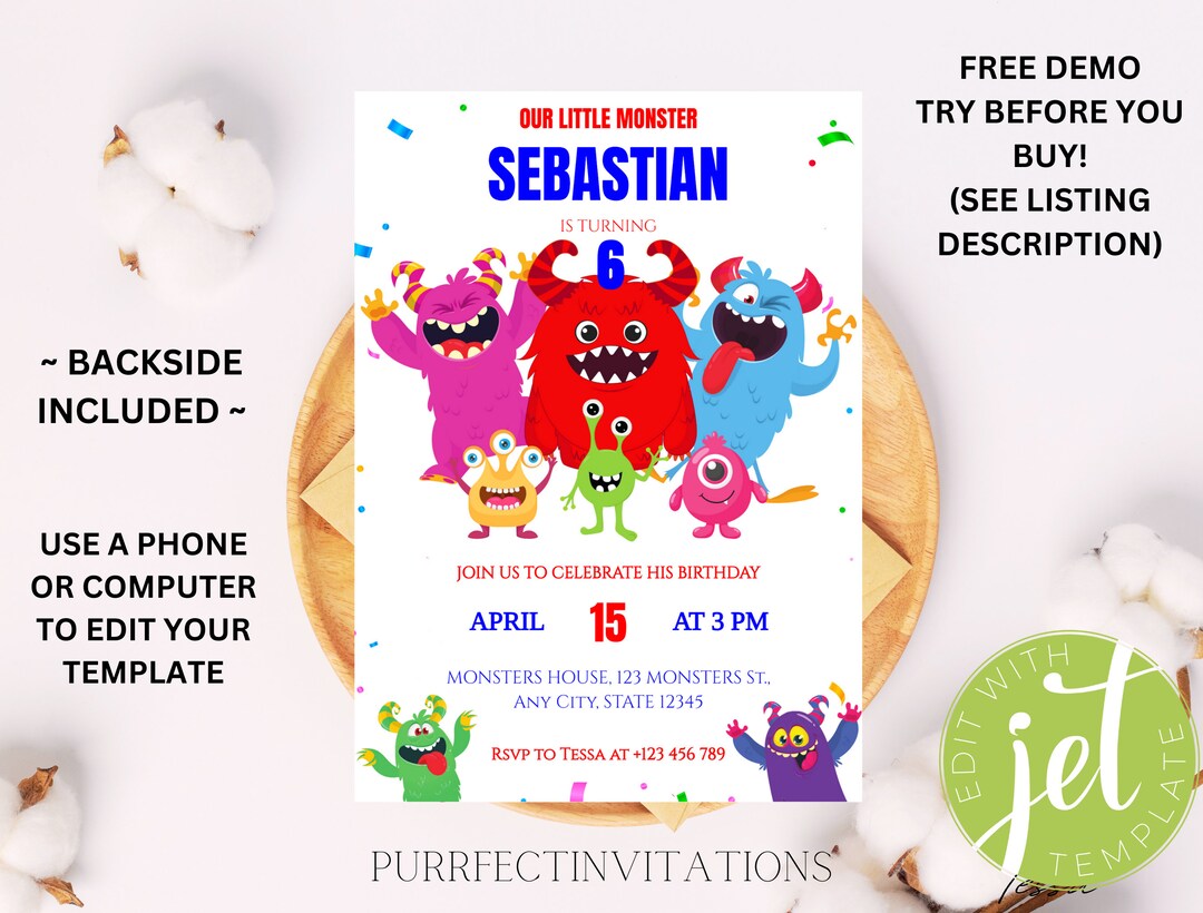 EDITABLE Cute Monsters Birthday Invitation, Monster Birthday Party ...