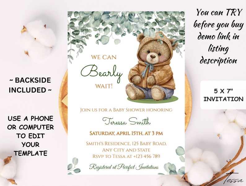 EDITABLE Bear Baby Shower Invitation SET We Can Bearly Wait Invite Bundle Greenery Teddy Bear ...