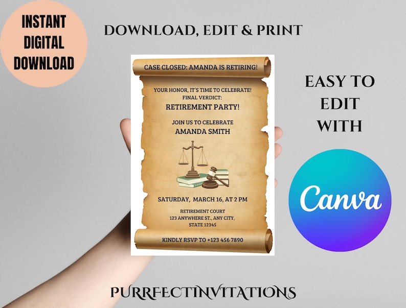 Editable Judge Retirement Invitation Template, Judge or Lawyer Retire ...