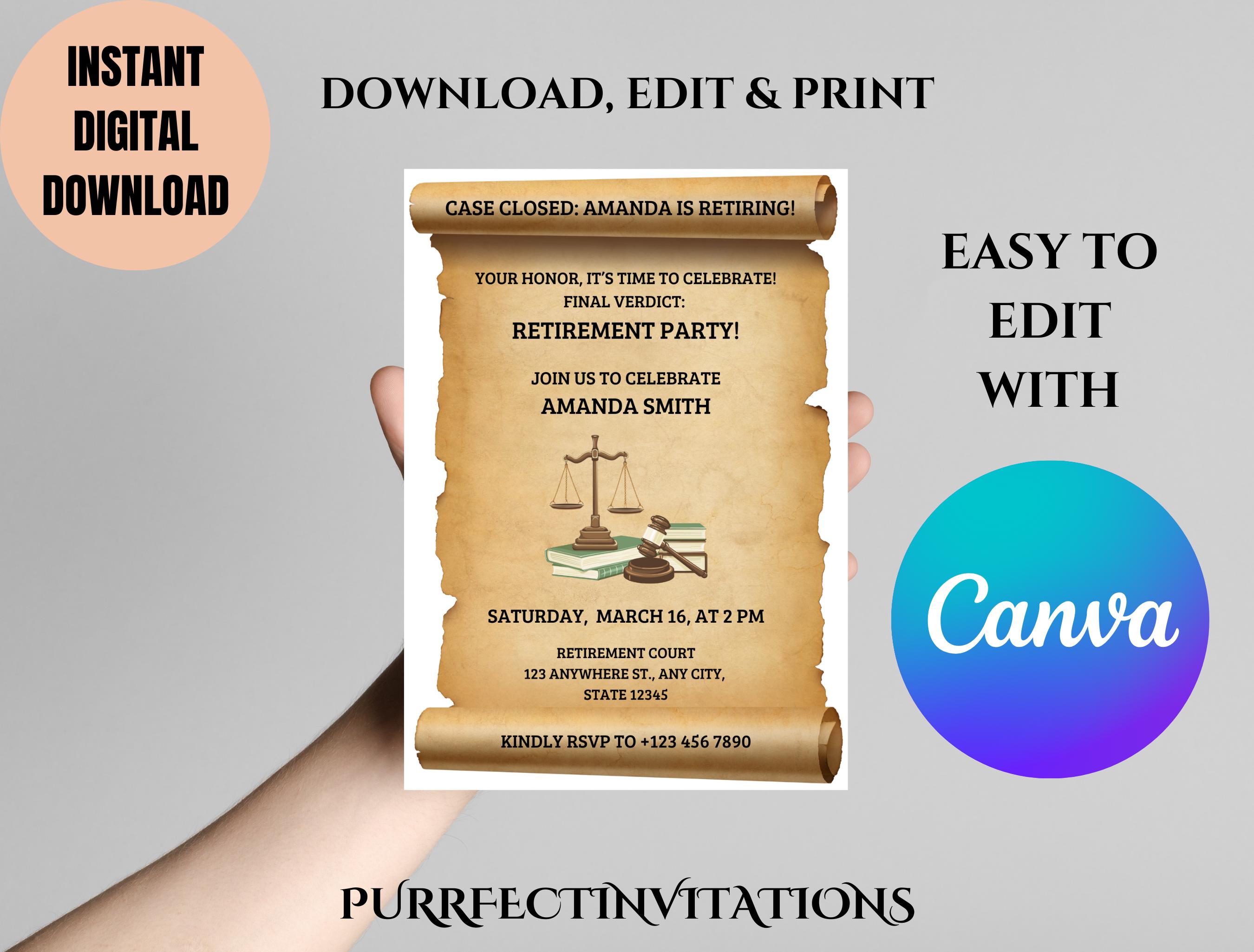 Editable Judge Retirement Invitation Template, Judge or Lawyer Retire ...
