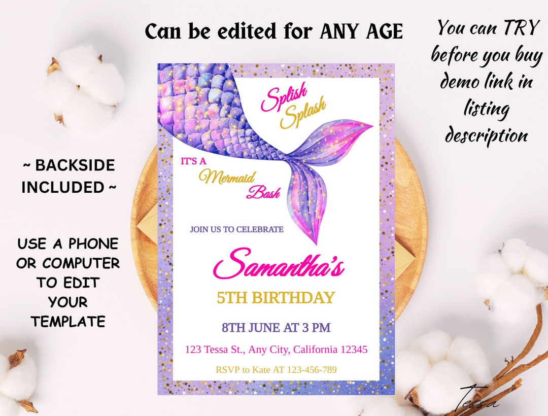 Editable Mermaid Birthday Invitation Gold Purple Mermaid - Etsy