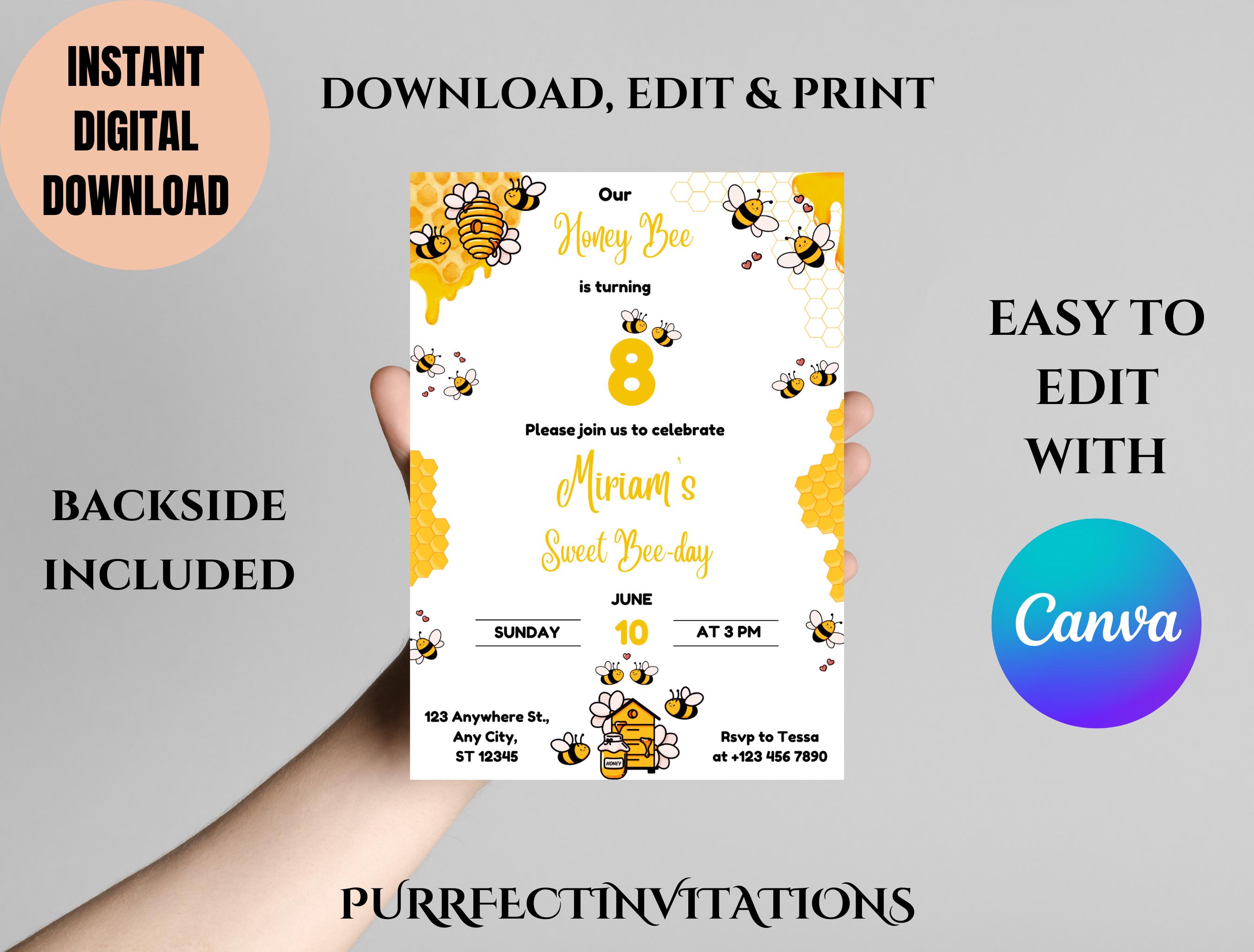 Canva Editable Bee Birthday Invitation, Bee Birthday Invite, Honey Bee ...