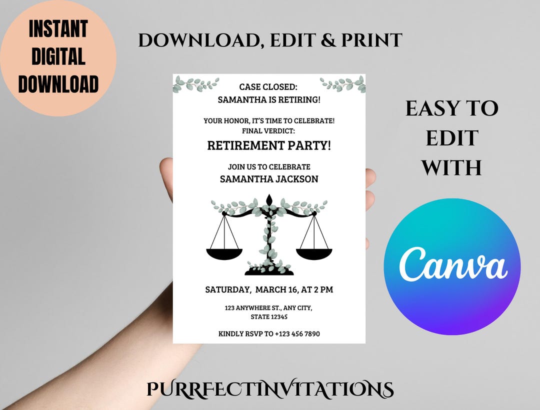 Elegant Judge Retirement Invitation Template: Scales of Justice ...