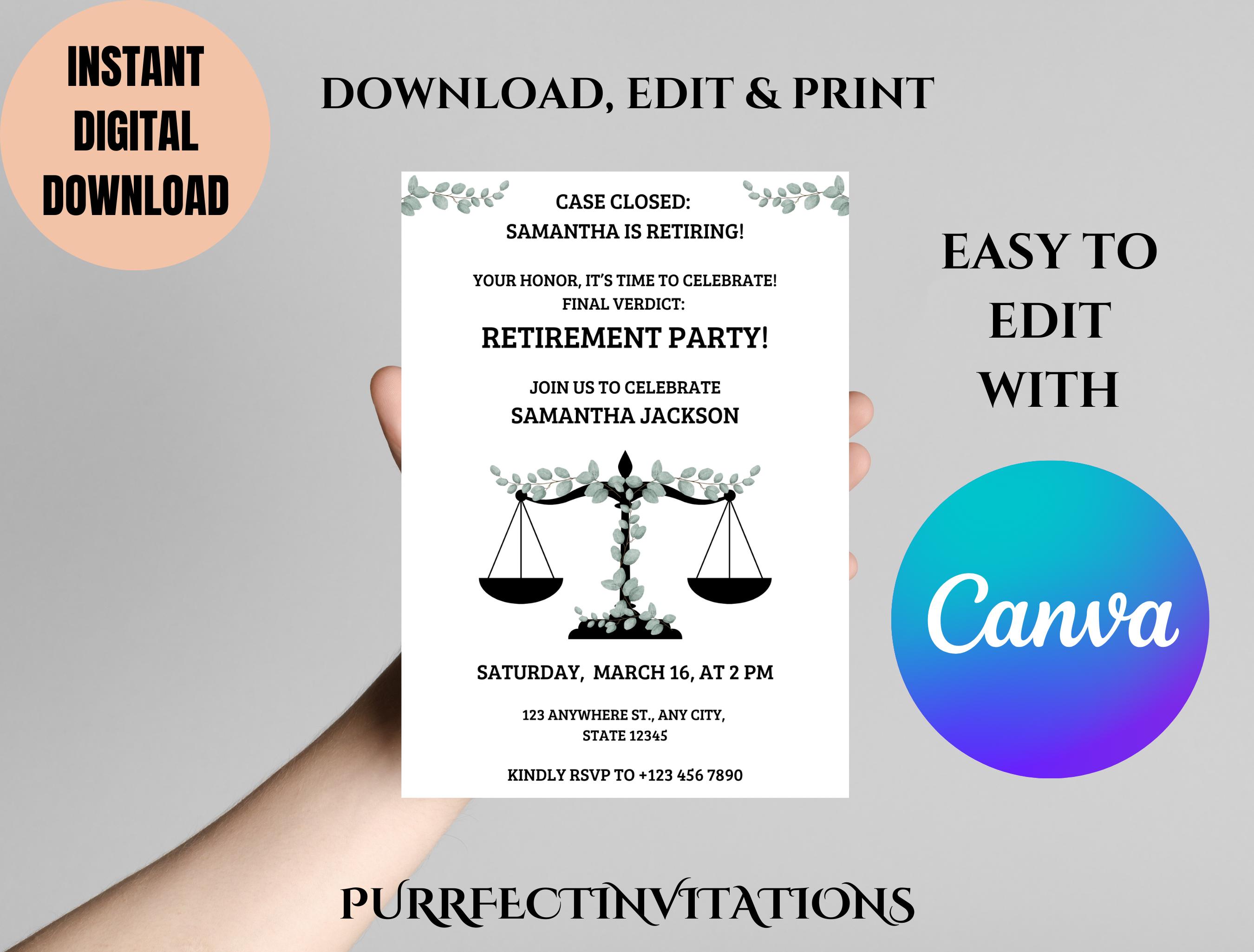 Editable Judge Retirement Invitation Template, Lawyer Retire Party ...