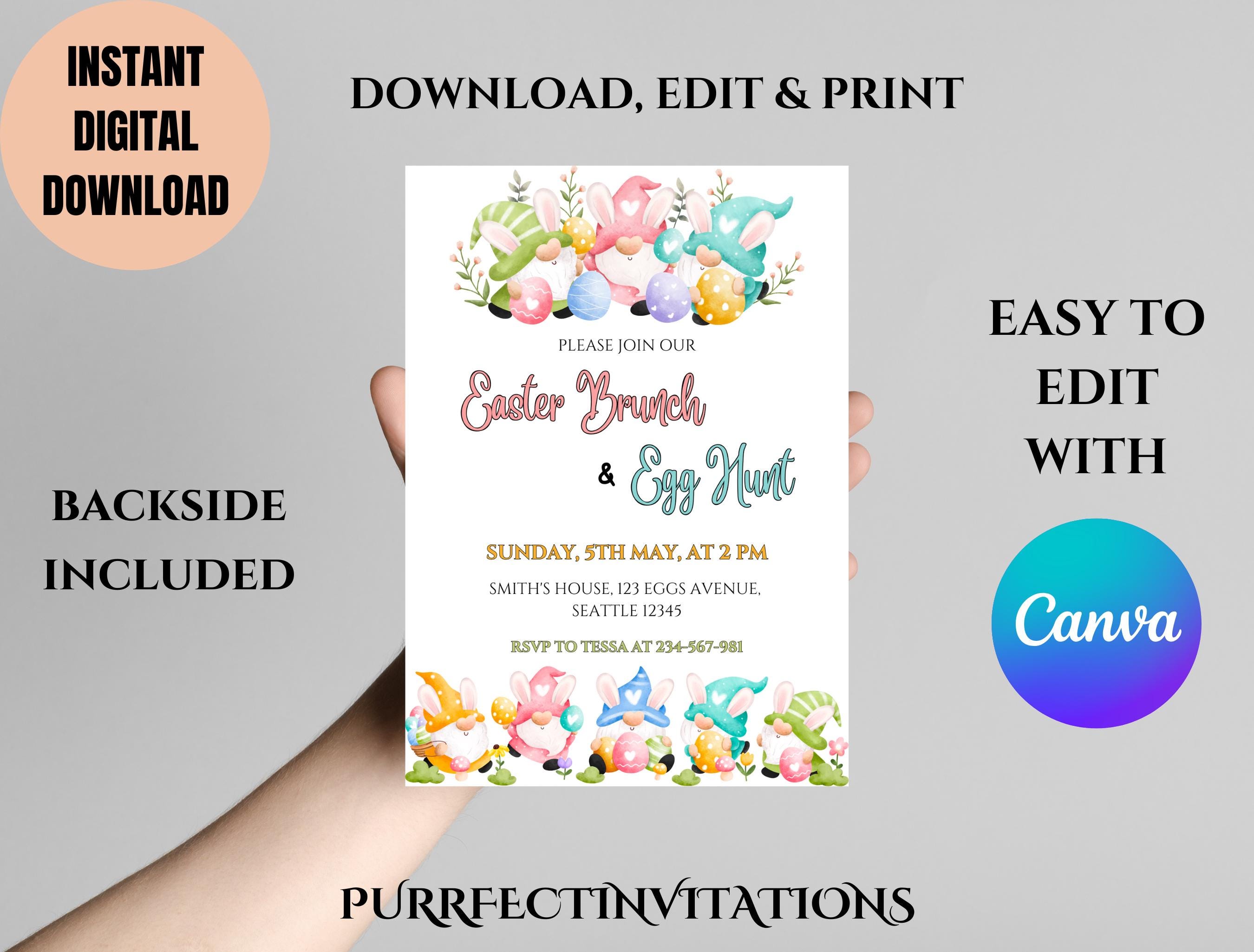Canva Editable Gnome Easter Egg Hunt Invite Easter Brunch Invitation ...