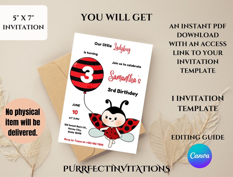 Canva Editable Cute Ladybug Birthday Invitation, ANY AGE Ladybug Invite ...