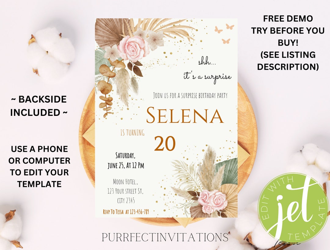 EDITABLE Boho Birthday Invitation, Boho Party Invite Template, Surprise ...