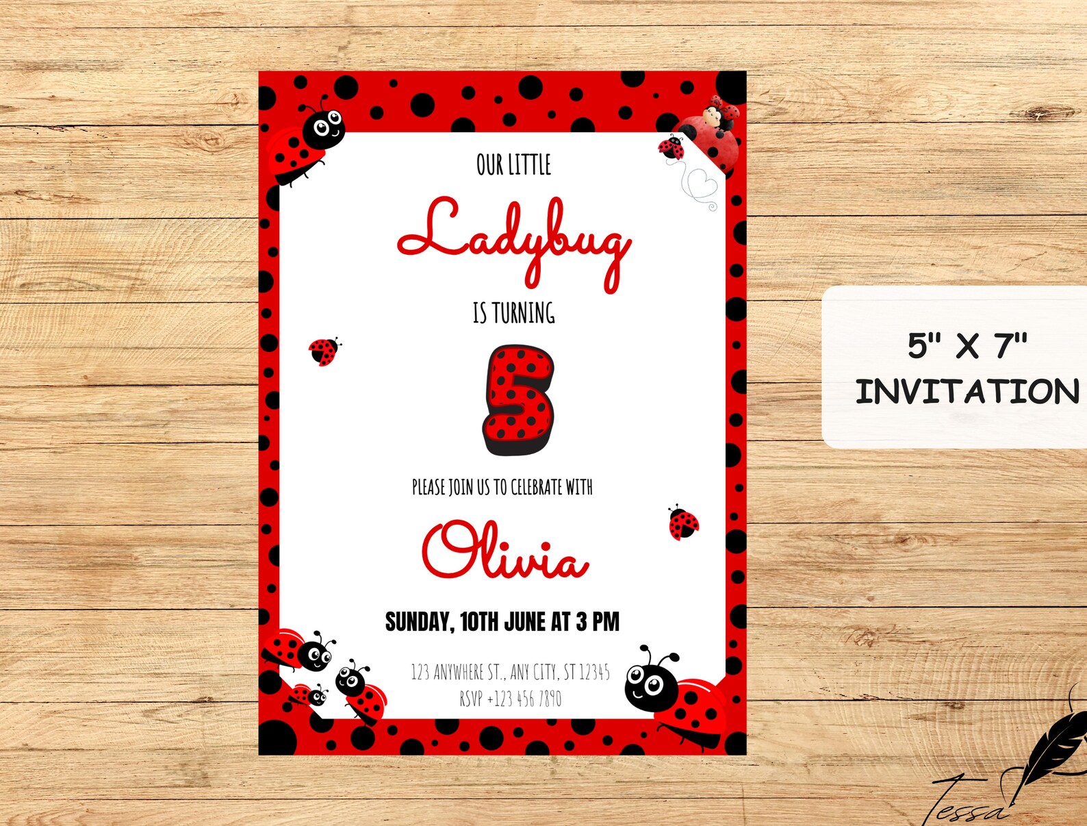 Editable 5th Ladybug Birthday Invitation, Ladybug Invitation, Fifth ...