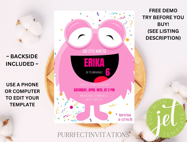 EDITABLE Cute Monsters Birthday Invitation, Pink Monster Birthday Party ...