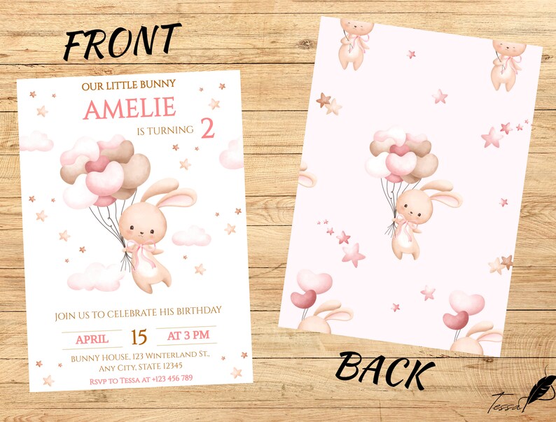 Editable ANY AGE Bunny Birthday Invitation Cute Bunny Birthday Invite ...