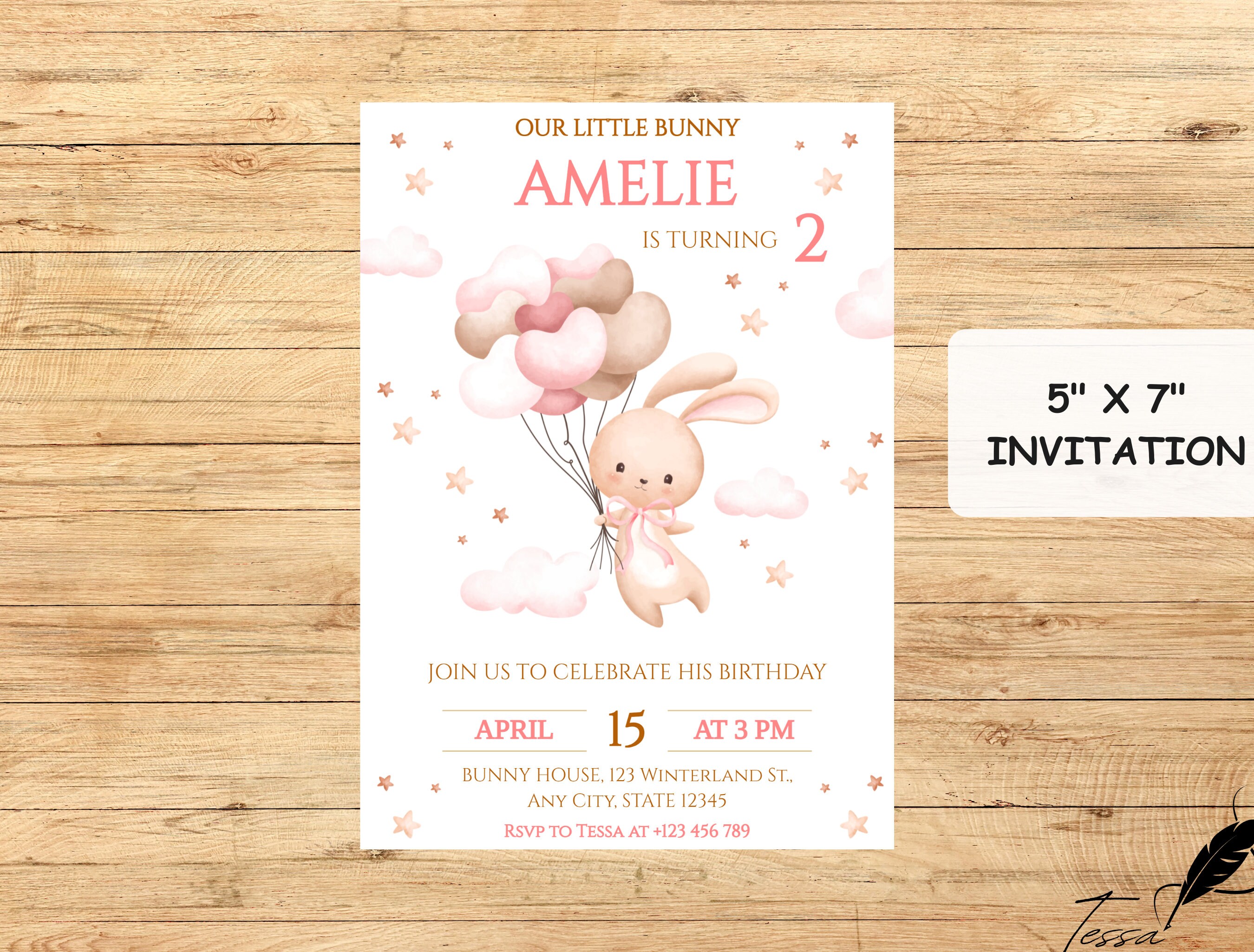 Editable ANY AGE Bunny Birthday Invitation Cute Bunny Birthday Invite ...