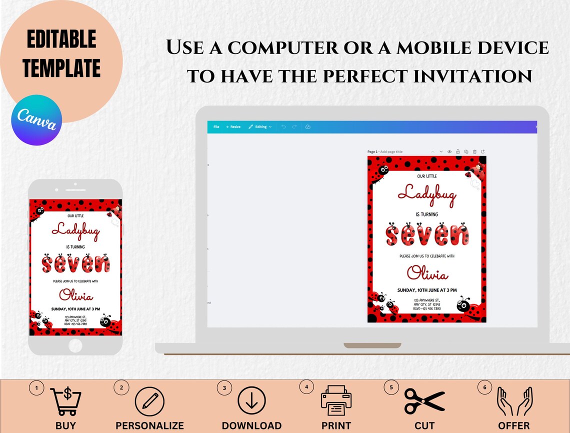 Canva Editable 7th Birthday Invitation, Ladybug Invitation, Kids ...