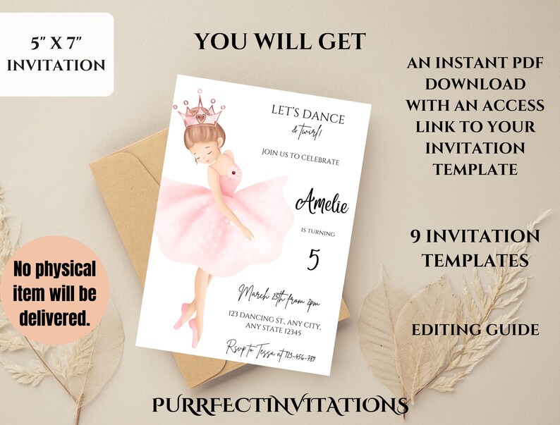 Editable Ballerina Birthday Party Invitation, DIY Tutu Ballerina Dress ...