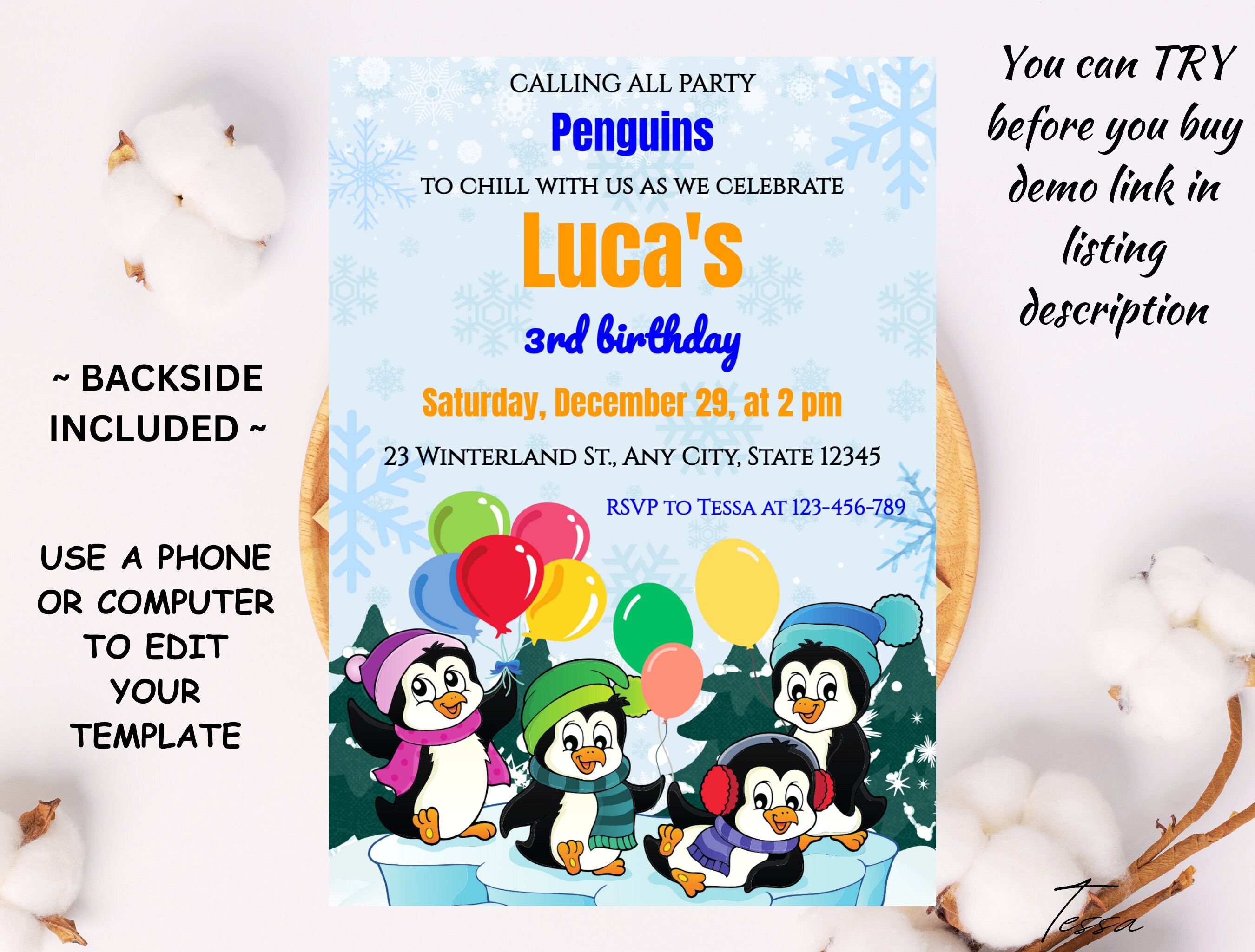 Editable Winter Birthday Invitation Editable Penguins - Etsy