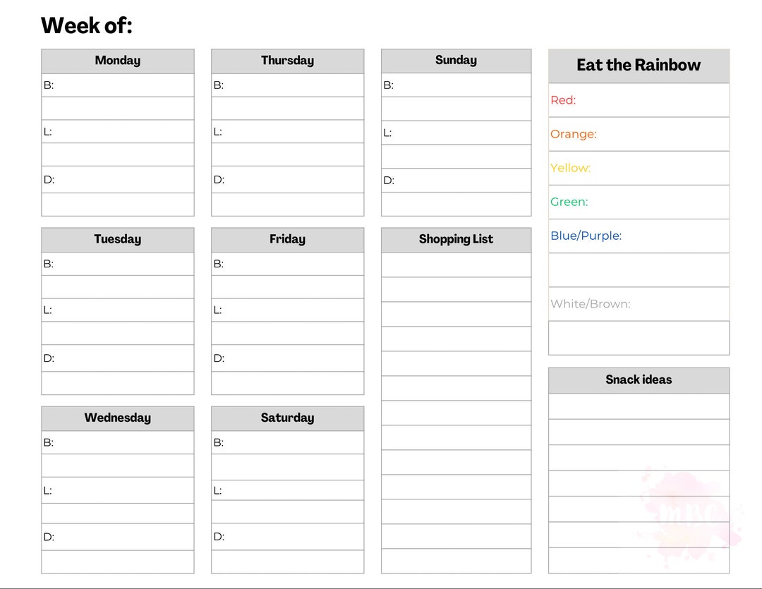 Printable Weekly Rainbow Menu Planner - Etsy
