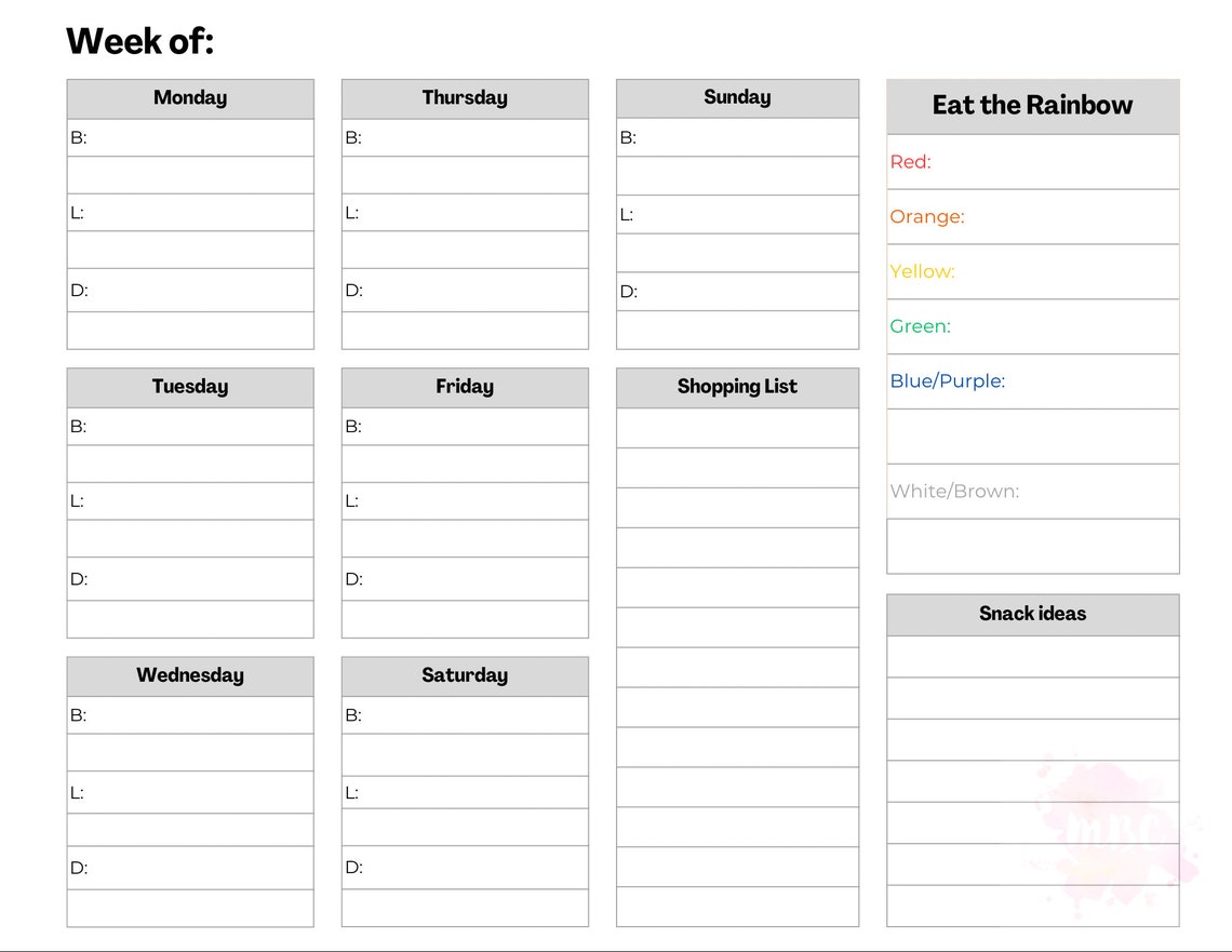 Printable Weekly Rainbow Menu Planner - Etsy