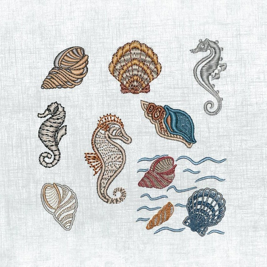 Ocean-themed Embroidery Designs Set Sea Horse and Shells, 8 Marine ...