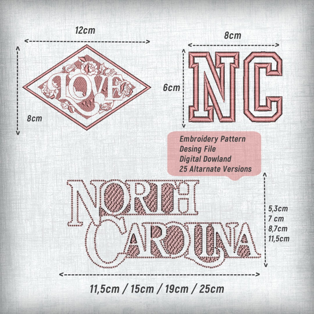North Carolina Embroidery Pattern Design File, 3 Patterns and 4 Sizes ...
