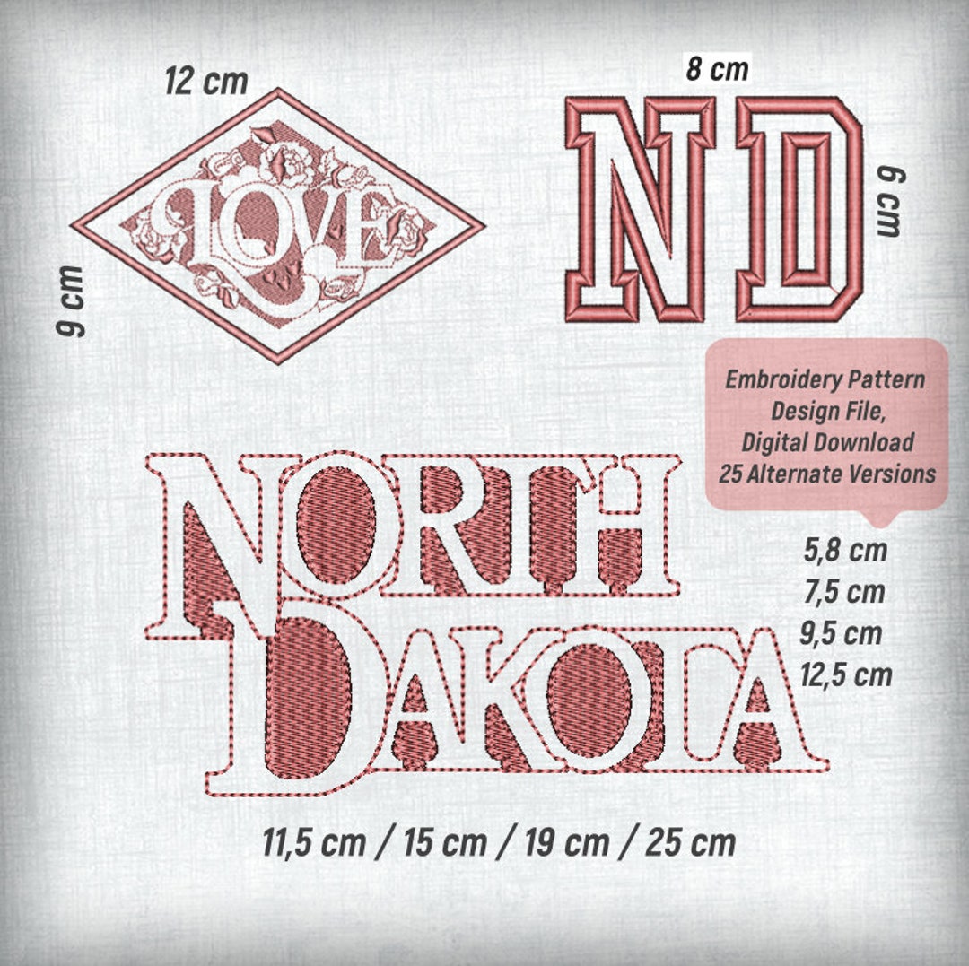 North Dakota Embroidery Pattern Design File, 3 Patterns and 4 Sizes, 25 ...