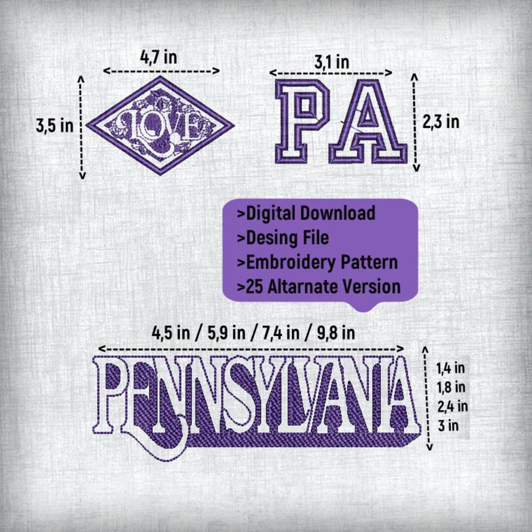 PENNSYLVANIA, Embroidery Pattern Design File, 3 Patterns and 4 Sizes ...