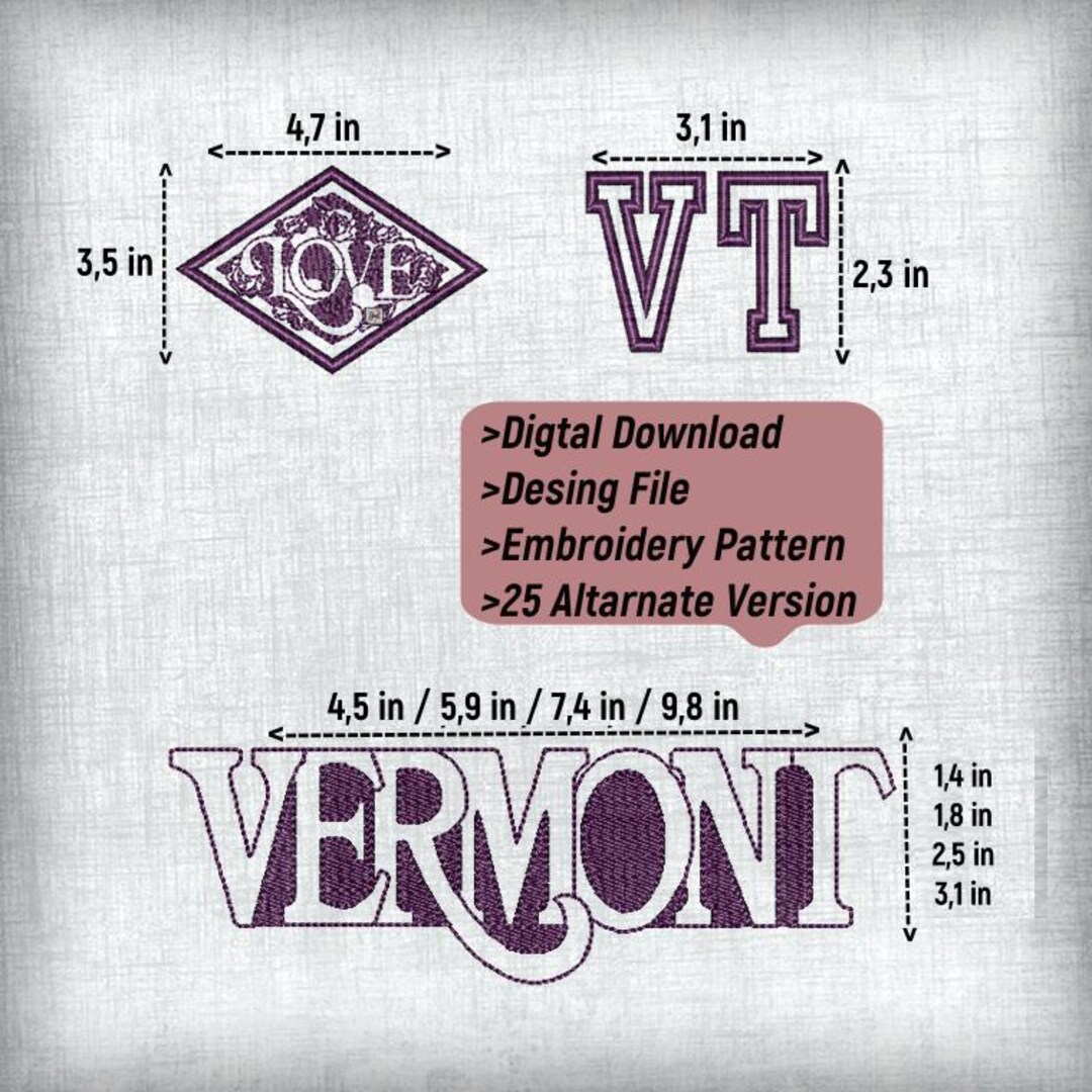 Vermont Embroidery Pattern Design File Set 3 Patterns, 4 Sizes, 25 ...