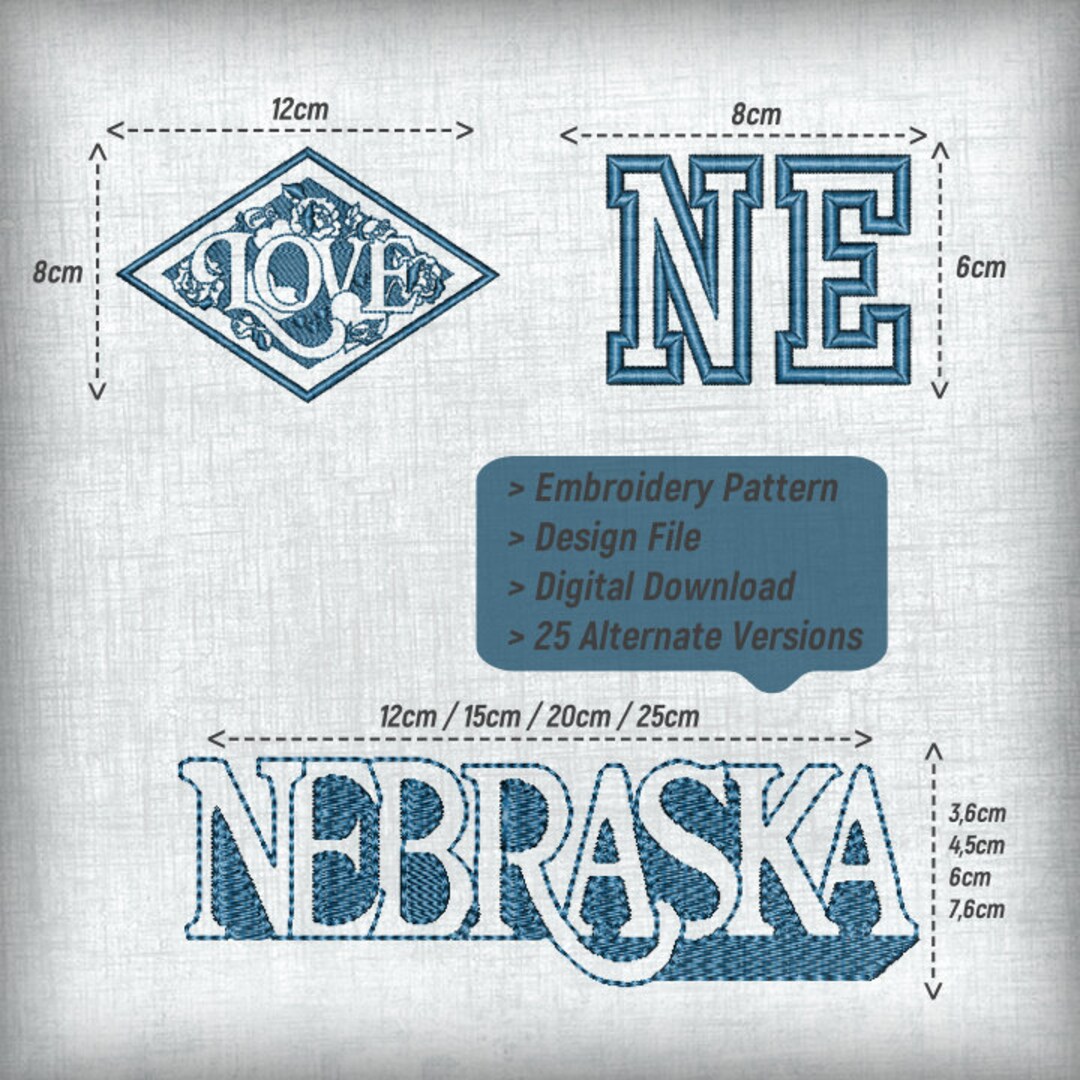 New Nebraska , Embroidery Pattern Design File, 3 Patterns and 4 Sizes ...
